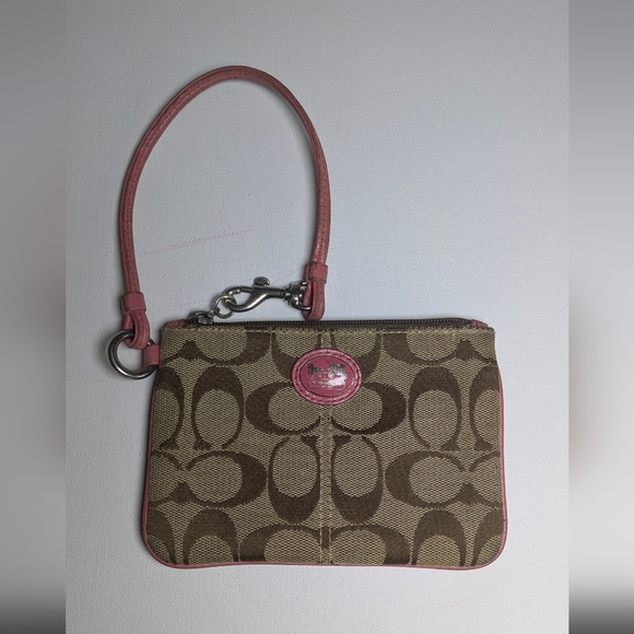 Coach | Bags | Coach Wristlet Corner Zip Signature Khaki Pink Leather ...